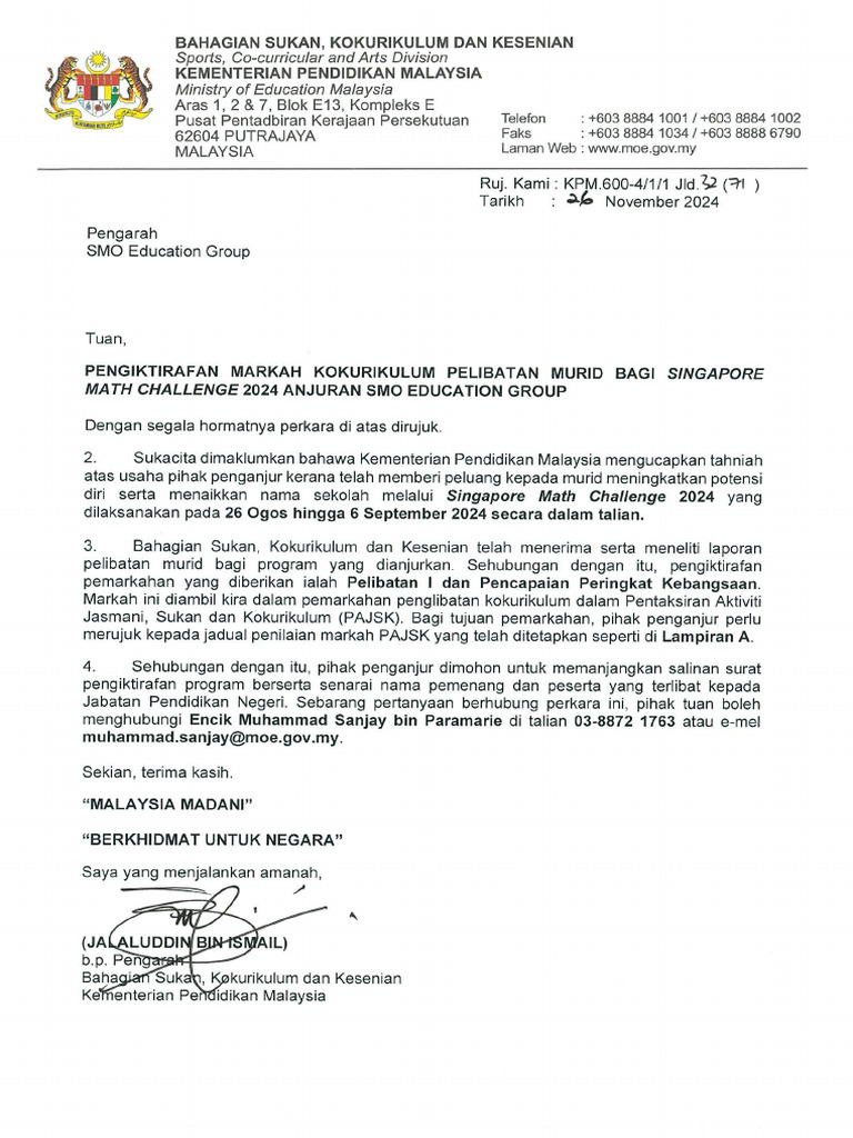 SMC 2024 - Pengiktirafan Markah Kokurikulum Pelibatan Murid Bagi ...