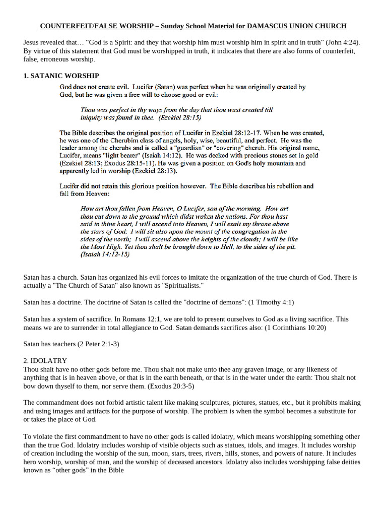 FALSE or COUNTERFEIT WORSHIP Sunday School Lesson 2 | PDF | Idolatry | Ten Commandments