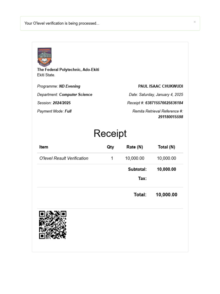 Paul Chukwudi O'Level Clerification Payment | PDF