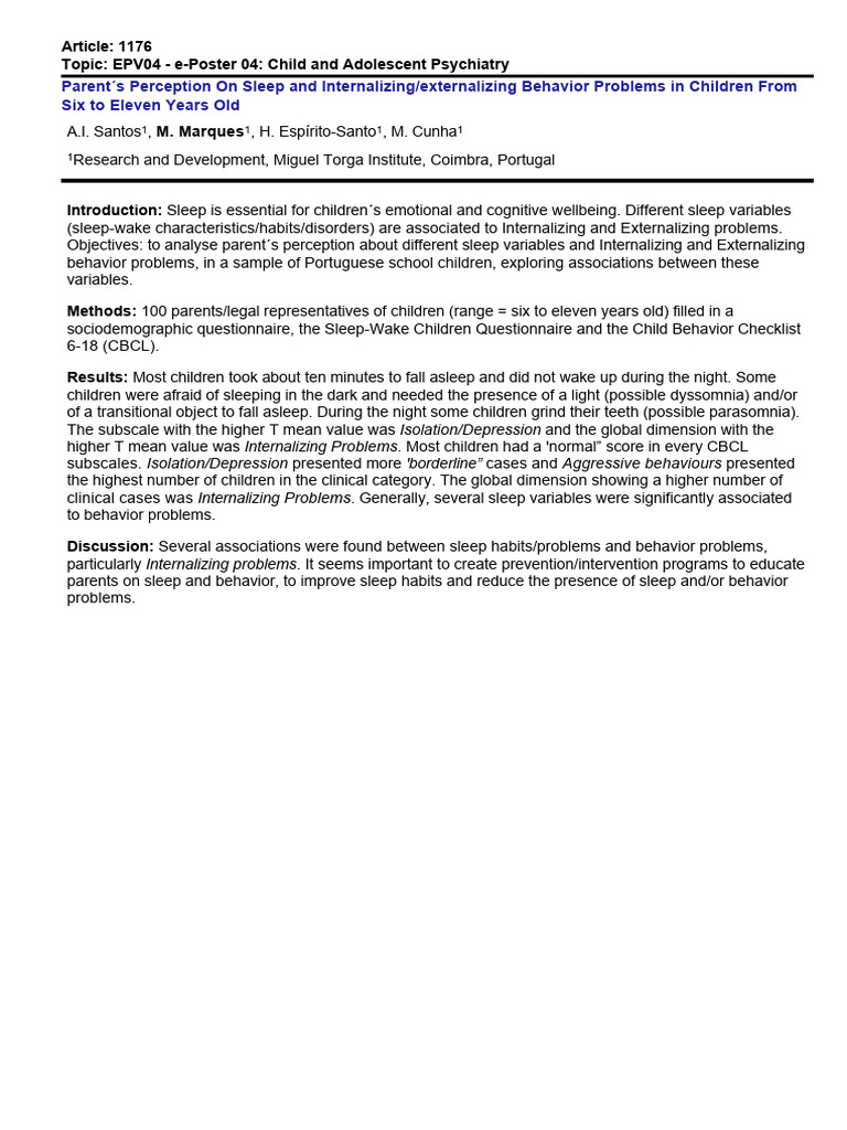 Santos, Marques, EspíritoSanto&Cunha Parents Perception On Sleep and Internalizing Externalizing ...