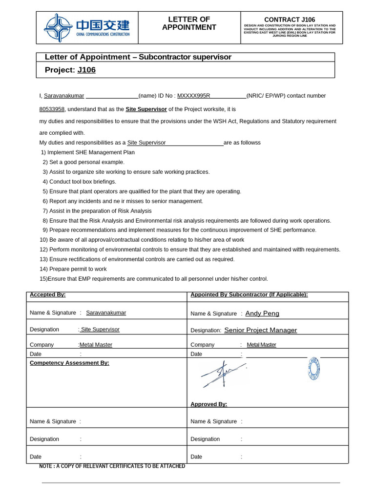Site Supervisor Appointment Letter | PDF