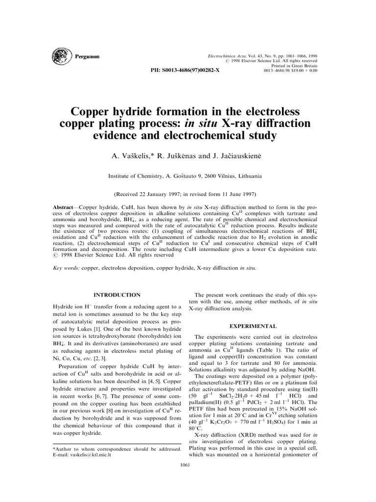 Copper Hydride Formation in The Electroless Copper Plating Process in Situ X-Ray Diraction ...