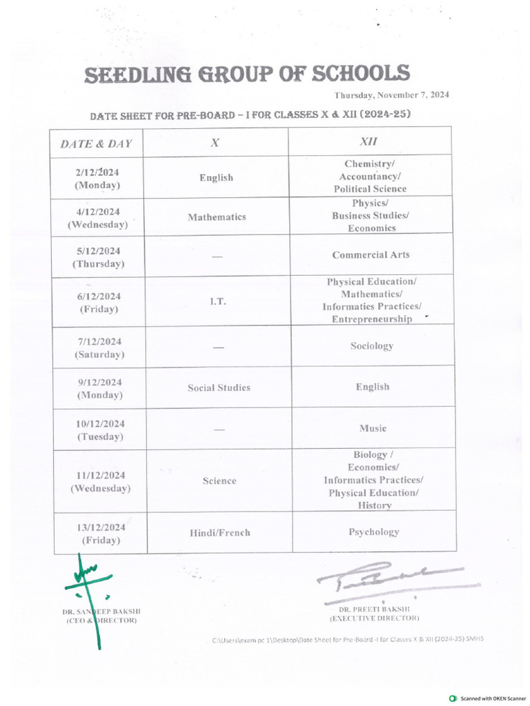 Date Sheet For Pre - Board - Class - X & XII - 2024-25 | PDF