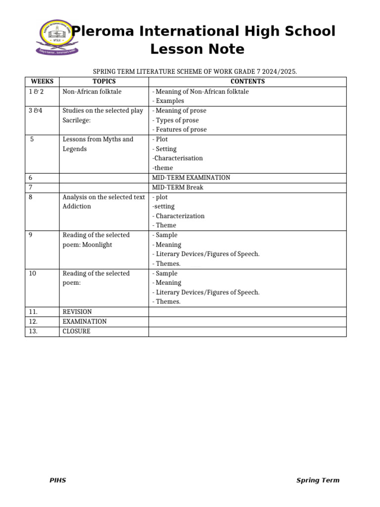 SPRING Term LITERATURE Scheme of Work Grade 7 2024 | PDF | Poetry