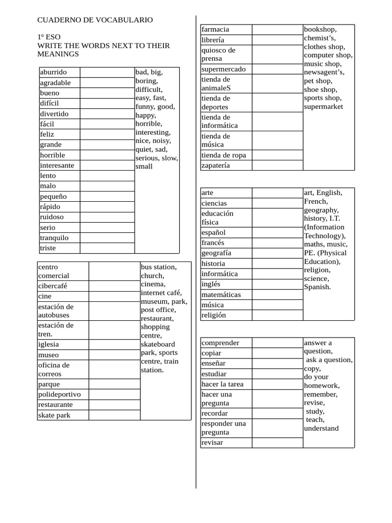 Cuaderno Vocabulario | PDF | Industria de alimentos