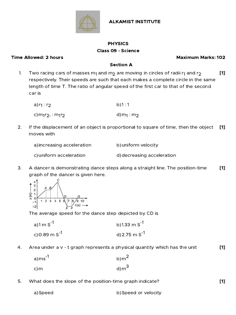 Class 09 Physics Exam Questions | PDF | Force | Acceleration