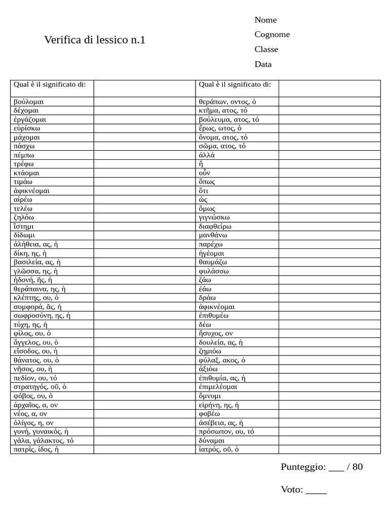 TABELLA LESSICO | PDF