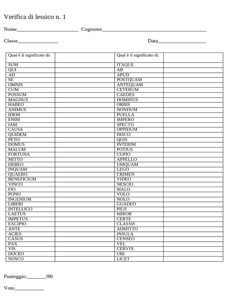 TABELLA LESSICO Prova 1 | PDF