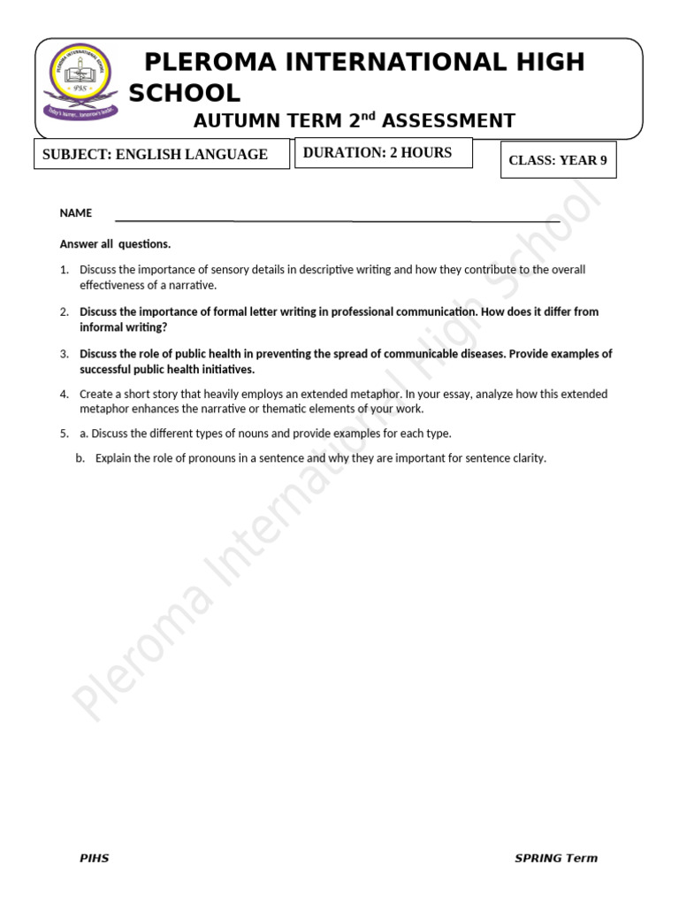 English Year 9 Second Test | PDF