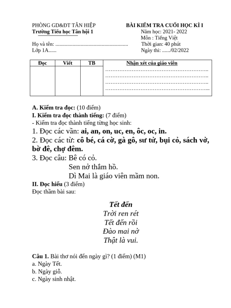 ĐỀ THI TV LỚP 1-HKI- LAN.2021-2022 | PDF