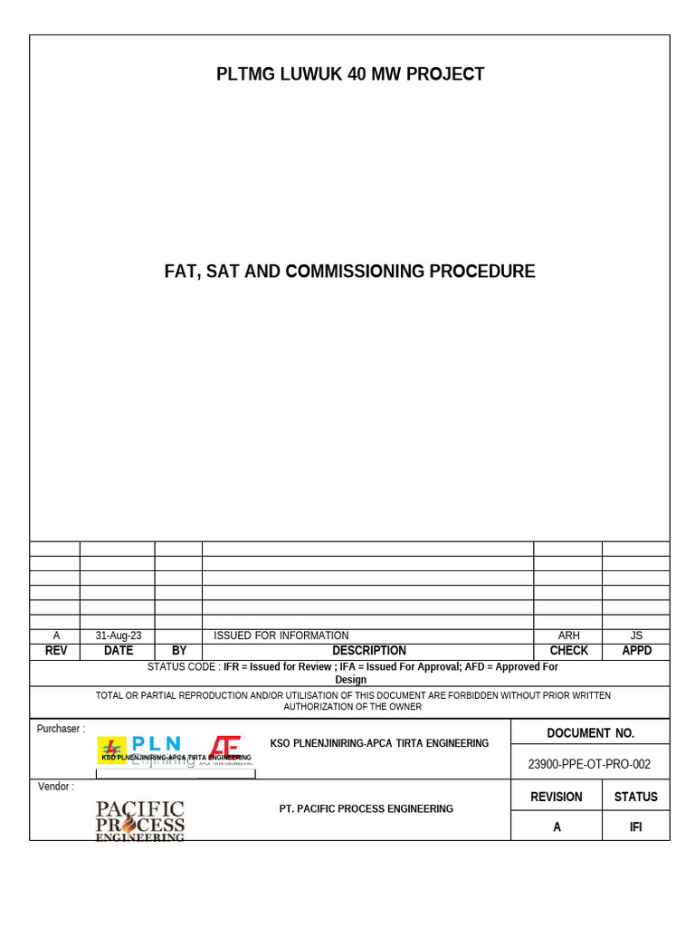 FAT, SAT AND COMMISSIONING PROCEDURE Rev | PDF | Leak | Power Supply
