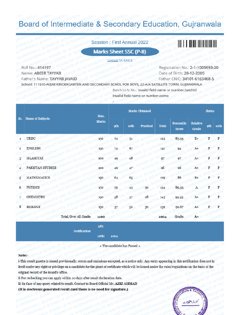 Matric Result | PDF