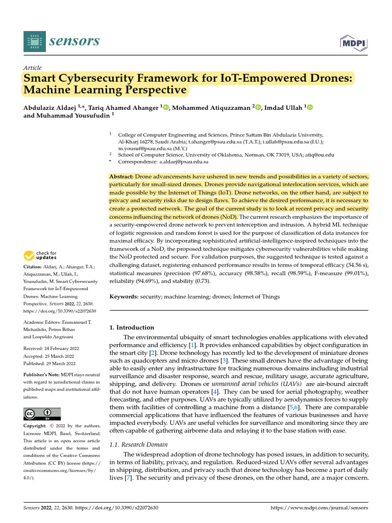 Smart Cybersecurity Framework for IoT-Empowered Drones Machine Learning Perspective 2022 | PDF ...