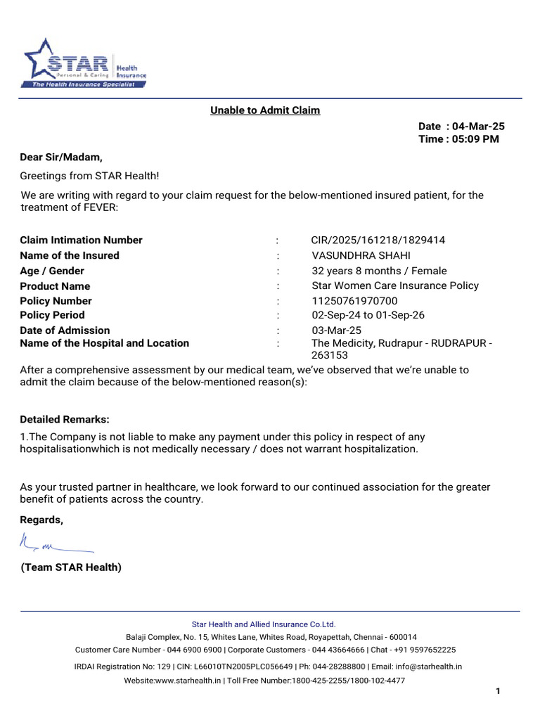 Cashless Rejection Letter | PDF | Patient | Hospital