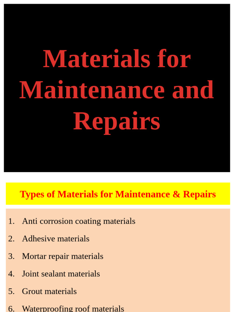 Essential Materials for Repairs & Maintenance | PDF | Adhesive | Mortar ...