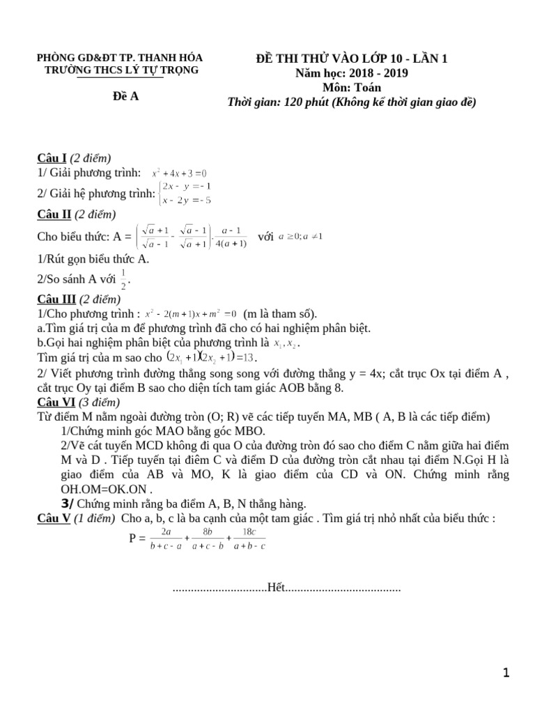 Đề thi thử vào 10 môn Toán lần 1 LTT 2018-2019 | PDF