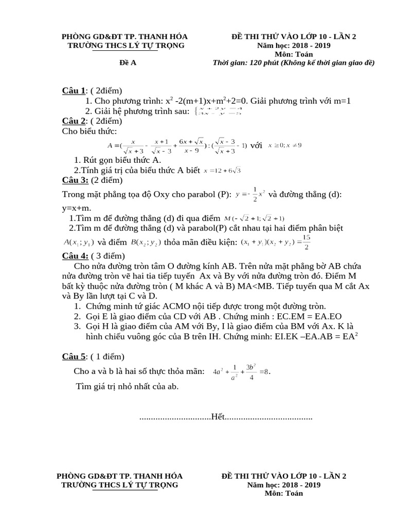 Đề thi thử vào 10 môn Toán lần 2 LTT 2018-2019 HDC | PDF