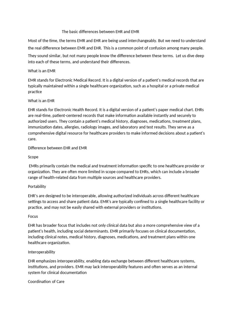 The Basic Differences Between Ehr And Emr Pdf Electronic Health