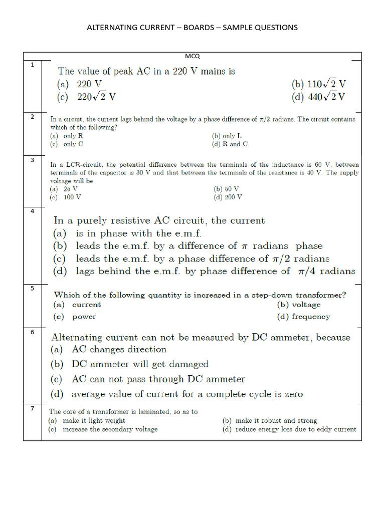 Alternating Current - Boards - Sample Qns_051202 (1) - Copy | PDF