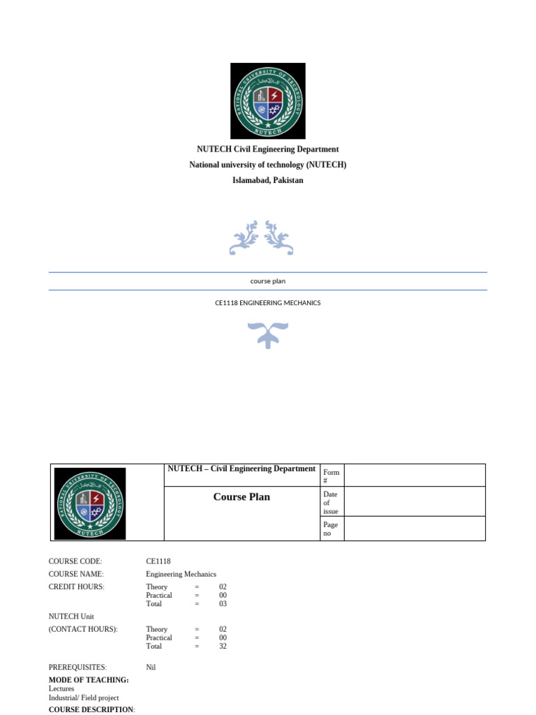 Course Plan CE1118 Engineering Mechanics | PDF | Force | Engineering