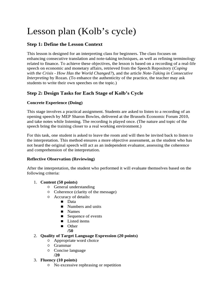 Holubinka - Lesson Plan (Kolb's Cycle) | PDF | Fluency | Information