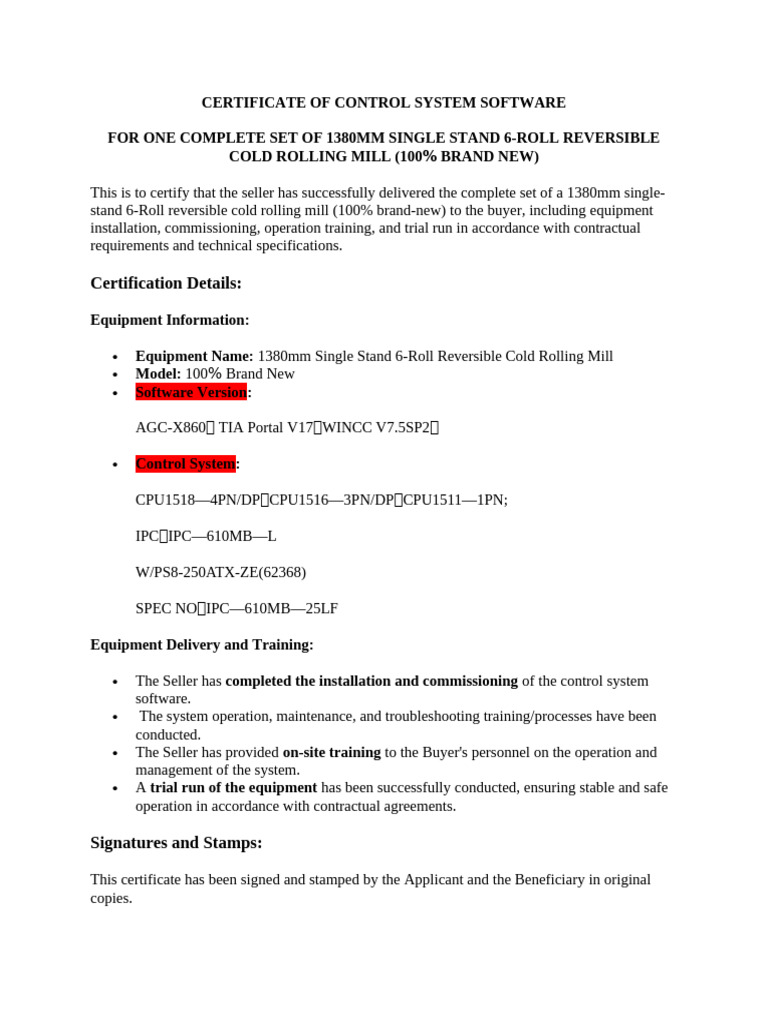 1_1_CERTIFICATE OF CONTROL SYSTEM SOFTWARE (1) | PDF