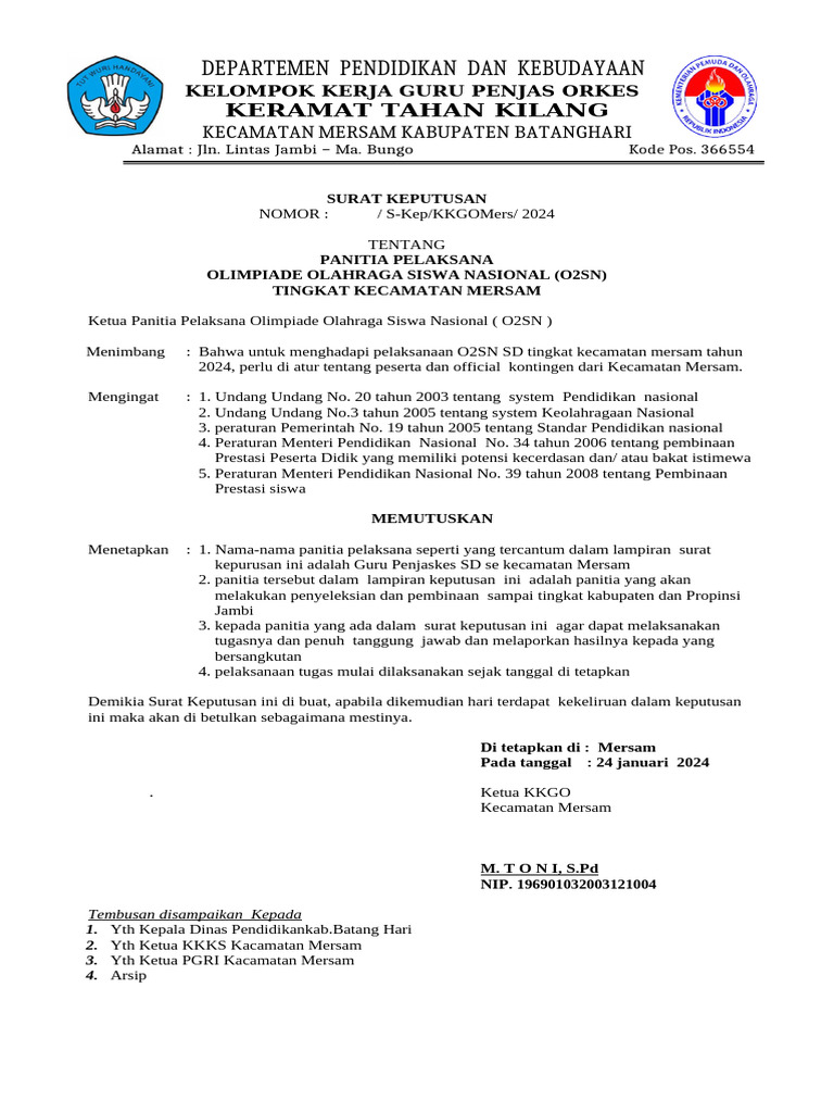 SK Panitia O2sn Kecamatan 2024 | PDF