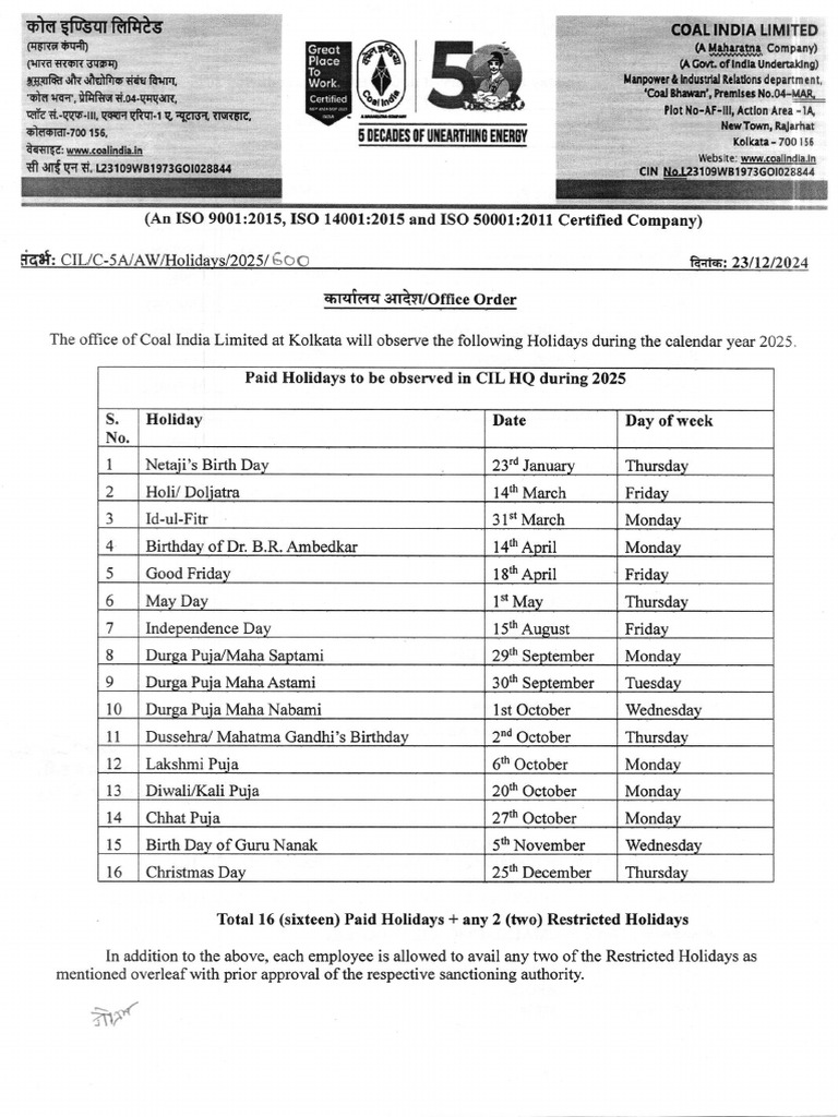 Holiday Calendar 2025 CIL HQ | PDF | October Observances | Religious ...