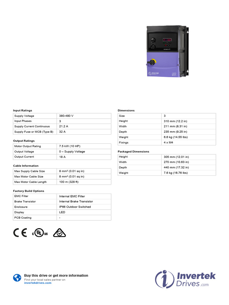 Invertek Drives ODE-3-340180-3F4B Datasheet | PDF | Electrical Equipment | Electromagnetism