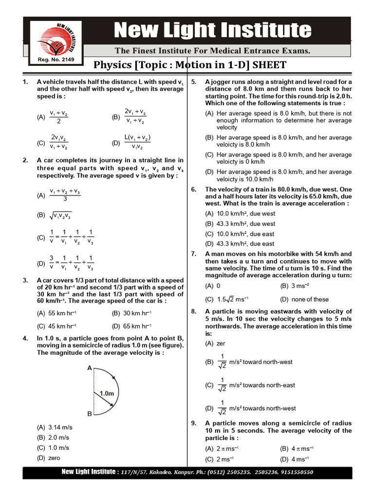 Motion in 1-D Sheet | PDF | Speed | Acceleration