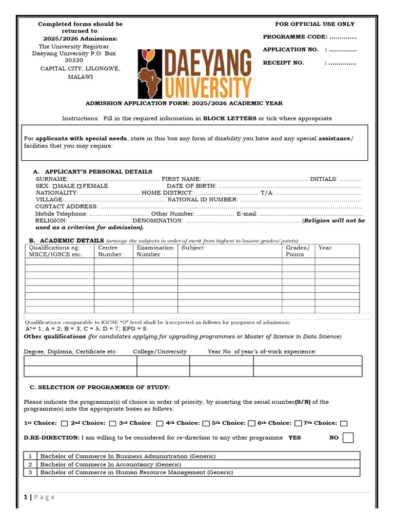 Daeyang University 2025 Admission Form | PDF