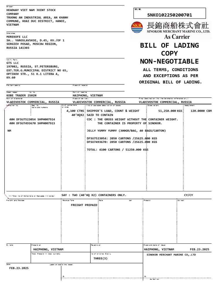 SNKO102250200701 Copy BL | PDF | Bill Of Lading | Cargo