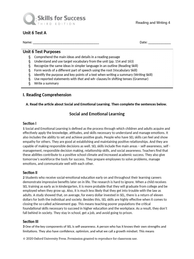 Unit 6 Test on Social and Emotional Learning | PDF | Learning | Emotions