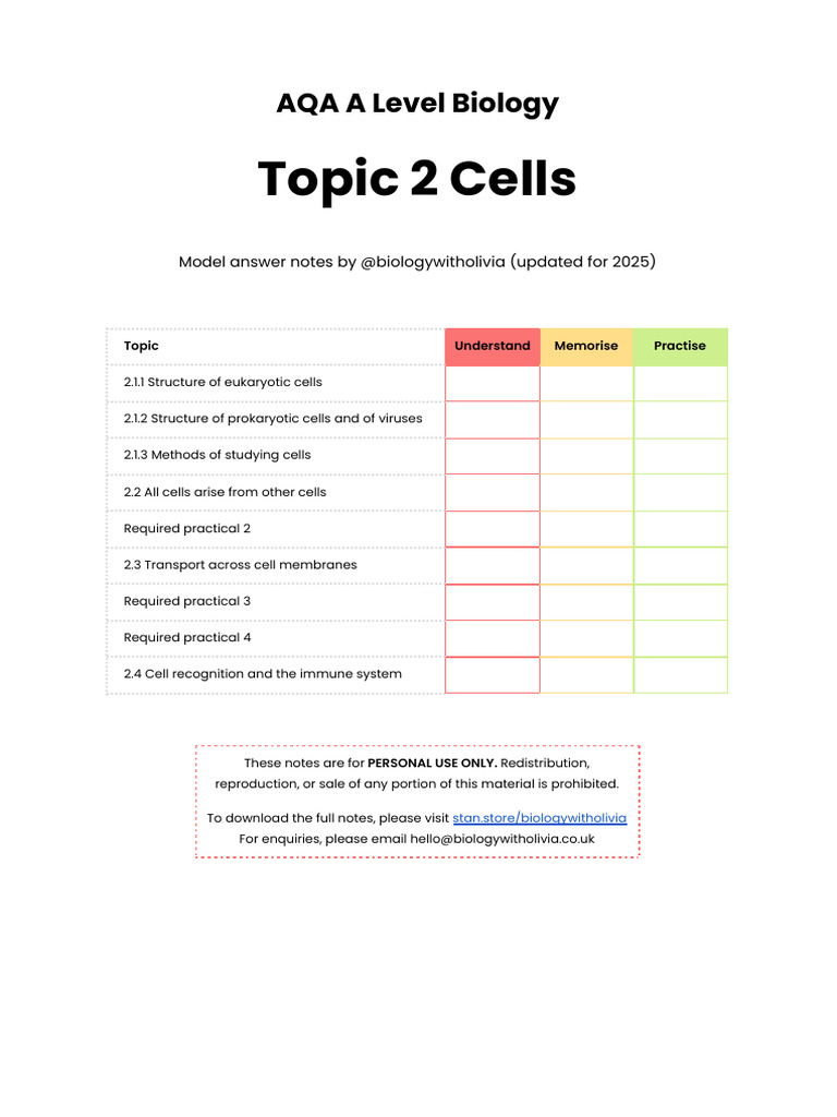 SAMPLE Topic 2 Cells (Updated For 2025) | PDF | Cell (Biology) | Prokaryote
