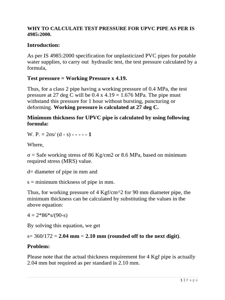 Calculation of Test Pressure in U PVC Pipe | PDF | Pipe (Fluid ...