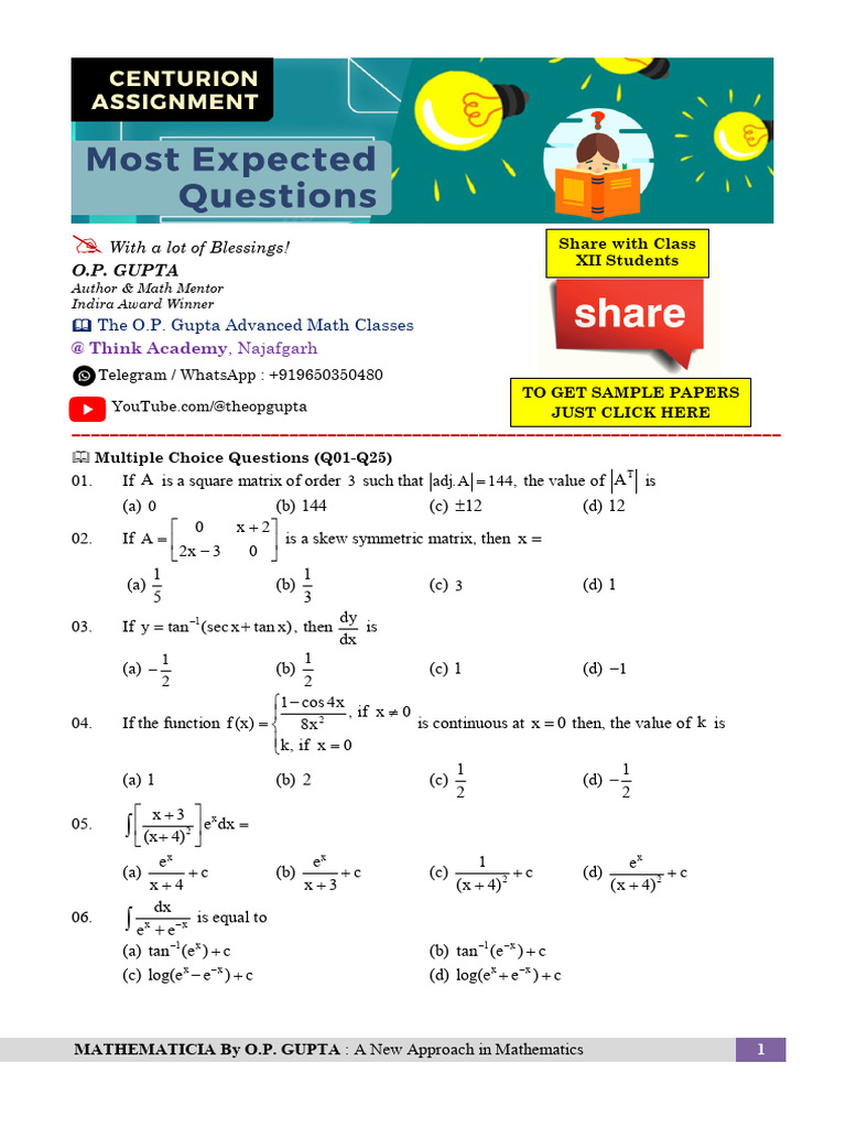 XII-CA-2025 (Most Expected Questions) - By OP GU_250306_221807 | PDF | Function (Mathematics ...