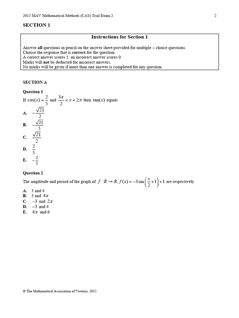 (VCE Methods) 2015 MAV Unit 34 Exam 2 | PDF | Cartesian Coordinate ...