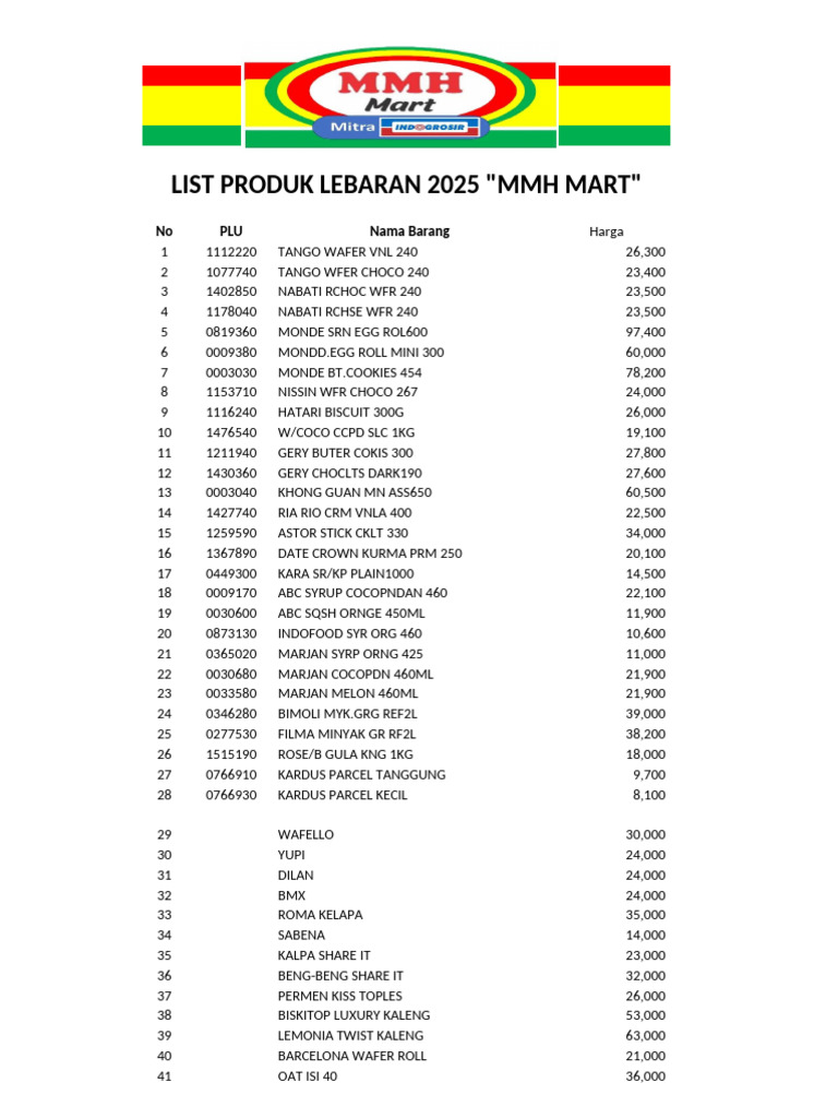 LIST HARGA PRODUK LEBARAN MMH MART 2025 | PDF
