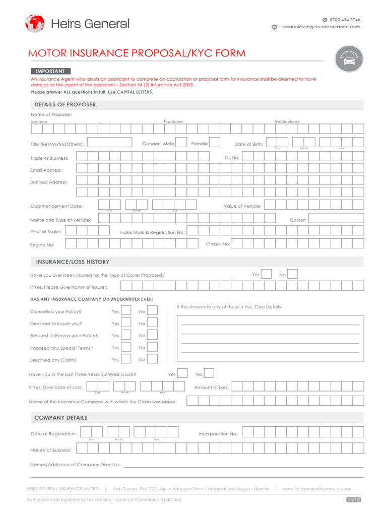 Motor Insurance Proposal Form (New) Updated | PDF | Insurance | Vehicle ...