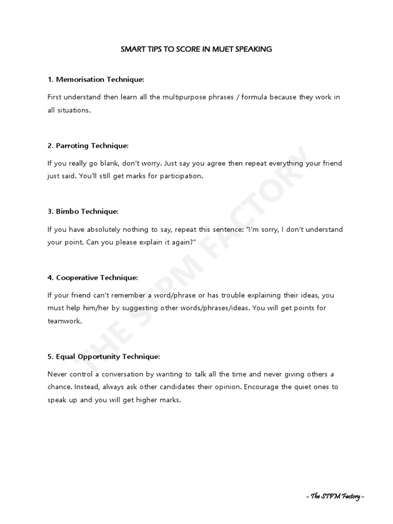SMART TIPS TO SCORE IN MUET SPEAKING | PDF