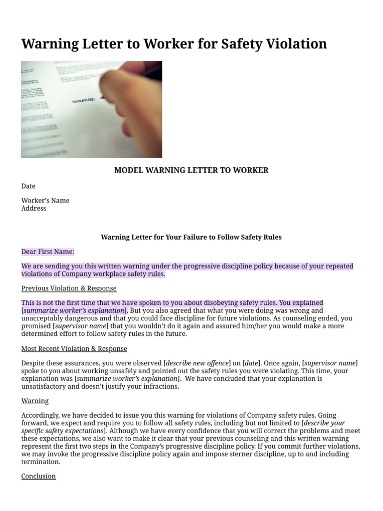 Warning Letter To Worker For Safety Violation - OHS Insider | PDF