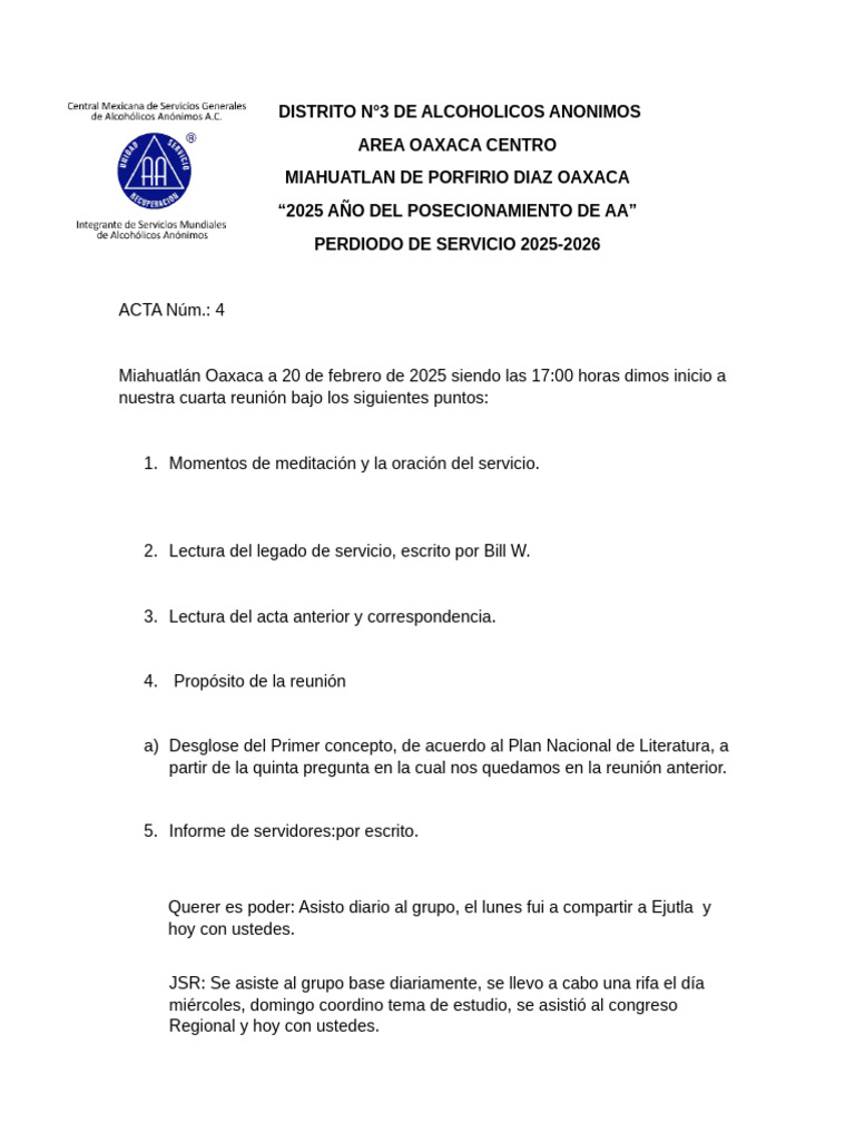 Acta de Reunión AA Distrito 3 Oaxaca 2025 | PDF