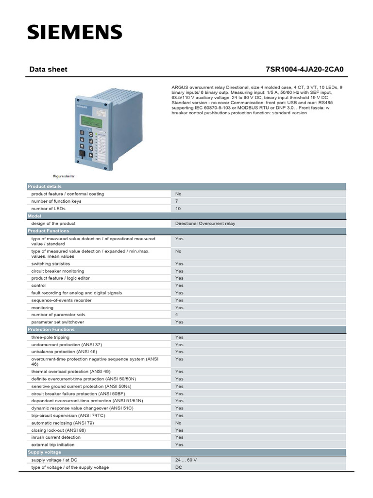 7SR10044JA202CA0 Datasheet en | PDF | Relay | Digital Signal