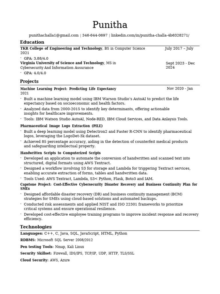 Punitha Challa: Cybersecurity & ML Projects | PDF