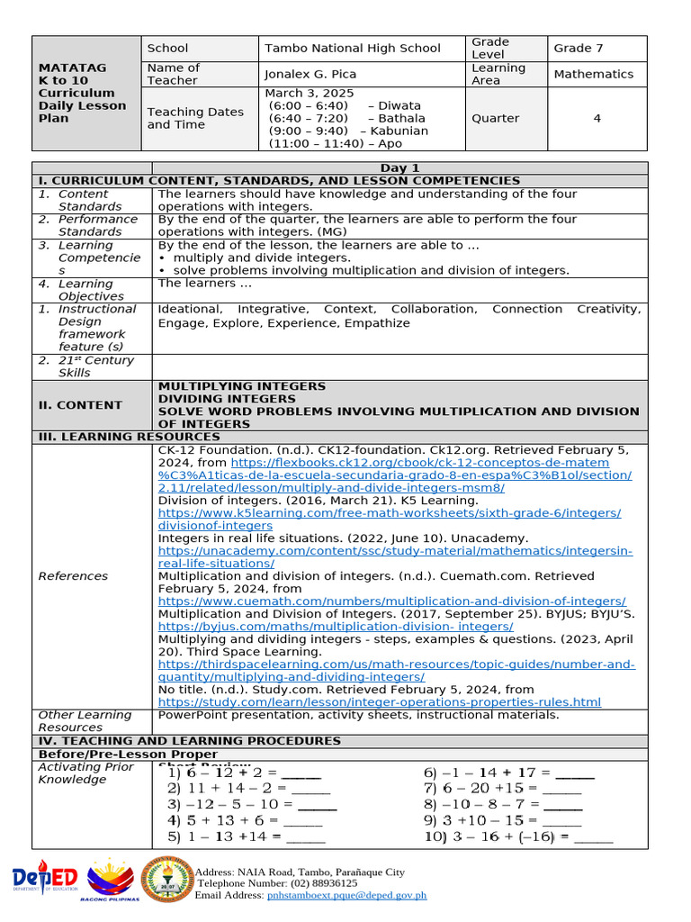 Grade 7 Math Lesson Plan: Integers | PDF | Multiplication | Learning