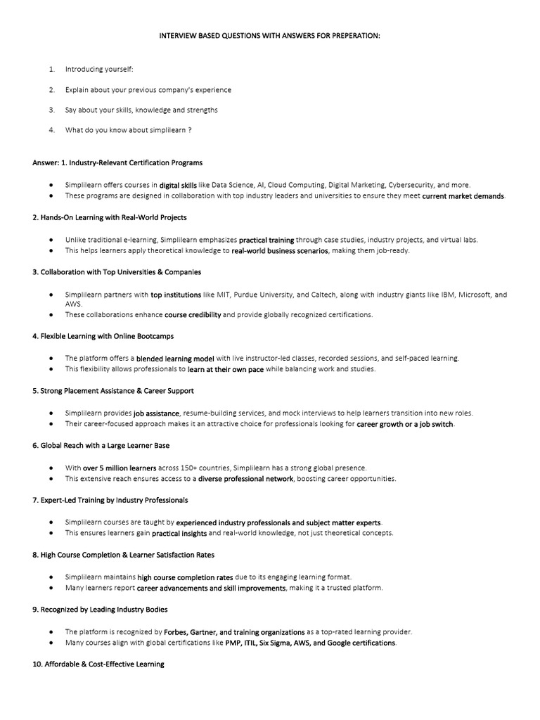 Interview Based Questions With Answers For Preperation Simplilearn | PDF | Sales | Educational ...