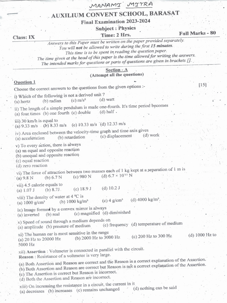 Class 9 Physics Final 2023 - 2024 | PDF
