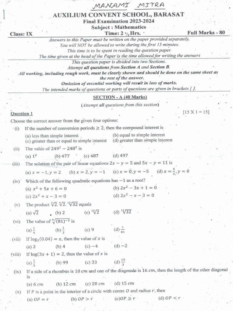 Class 9 Mathematics Final 2023 - 2024 | PDF