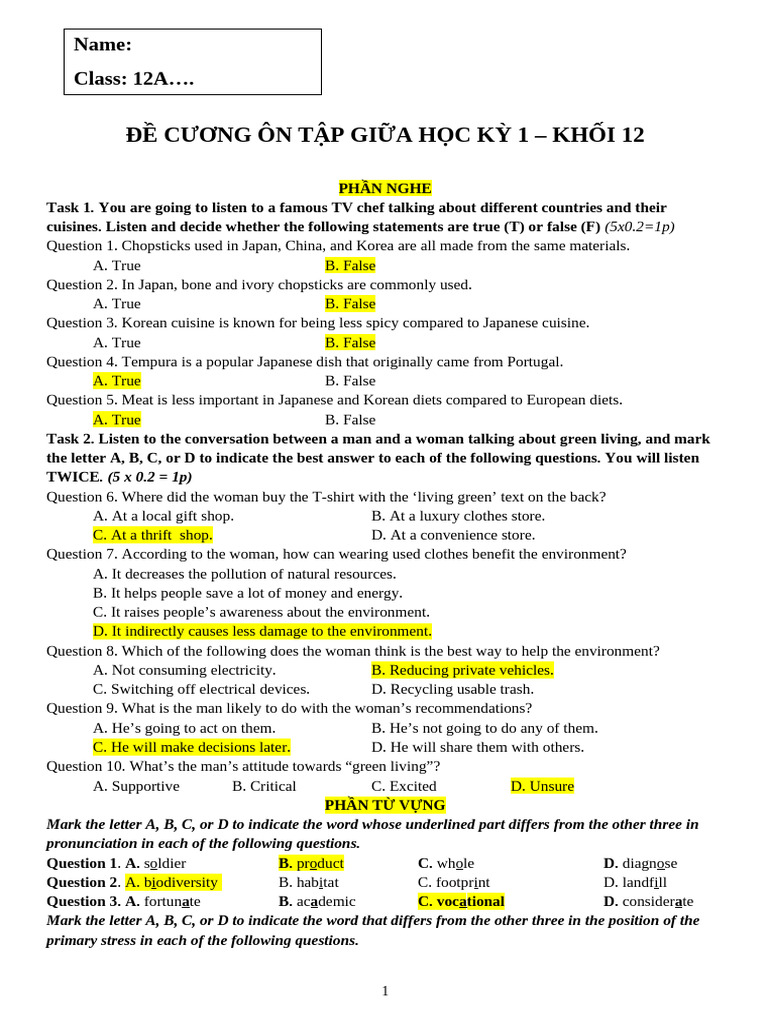 De Cuong On Tap Ghk1 - Tieng Anh 12 Key | PDF | Vietnam