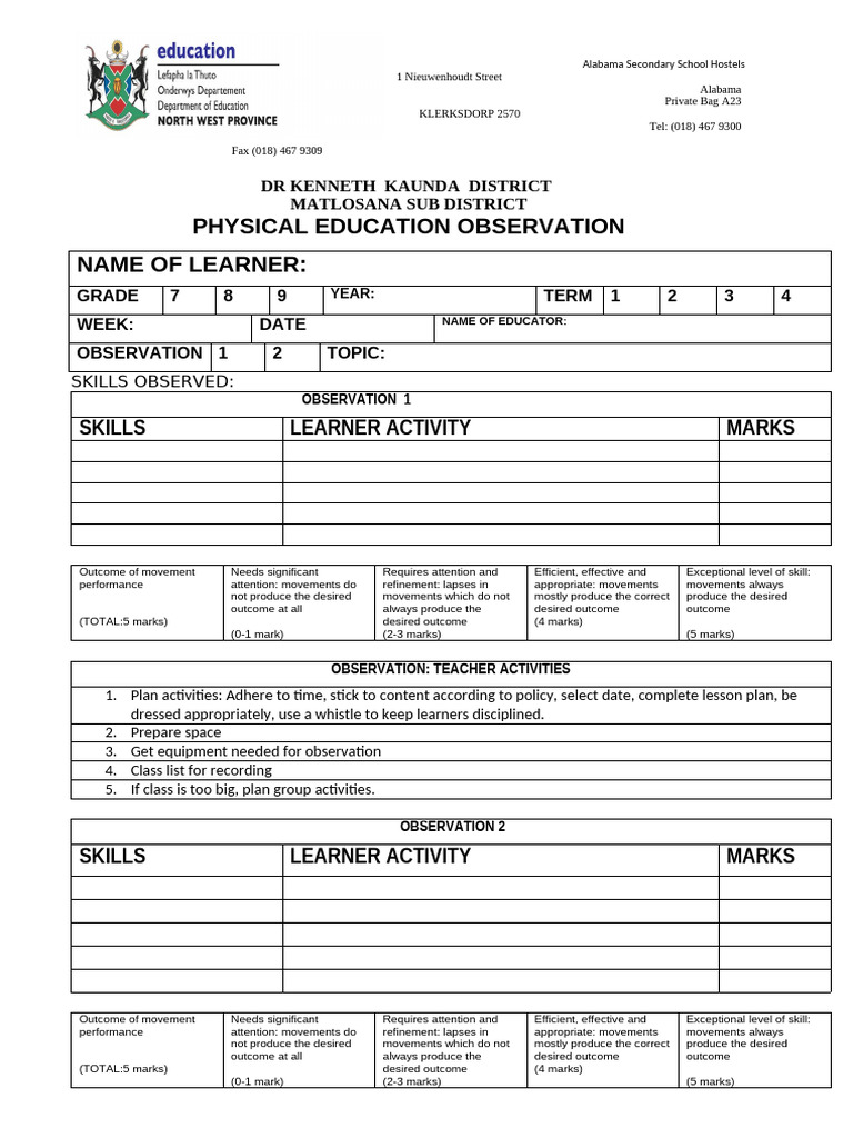 Lesson Plan Template Pe-Life Orientation-Observation Planning-2024 ...